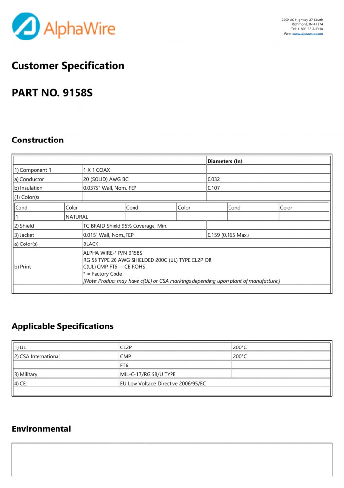 9158S BK001 technical specification page 1
