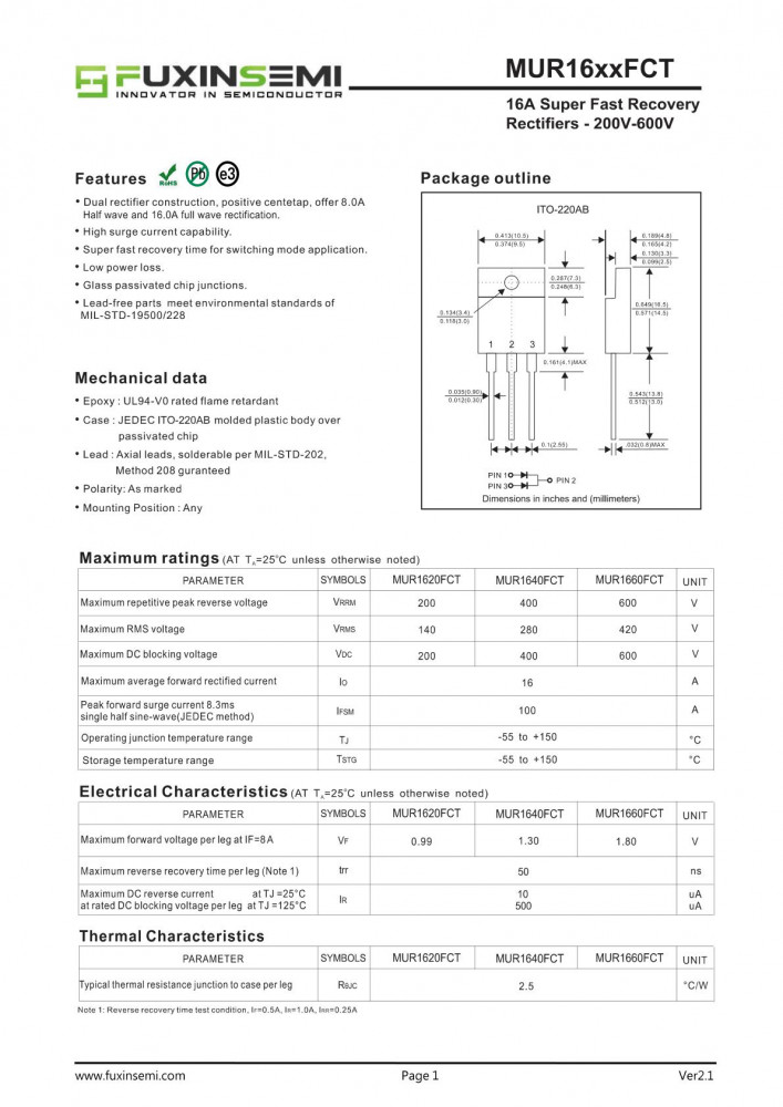 MUR1640FCT datasheet page 1