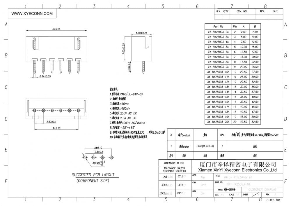 XYECONN XY-HX25003-2A technical drawing preview