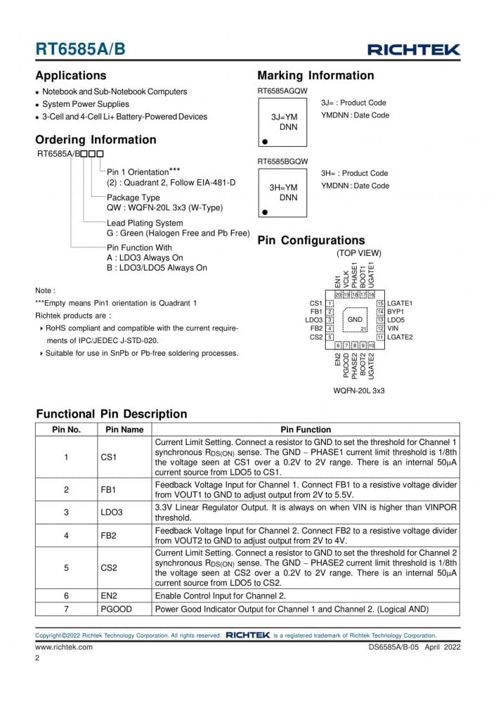 RT6585BGQW(2) datasheet page 2