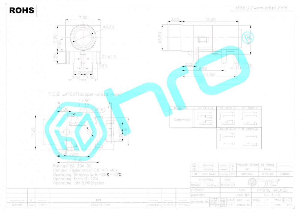 HRO PJ-3910 phone jack technical drawing