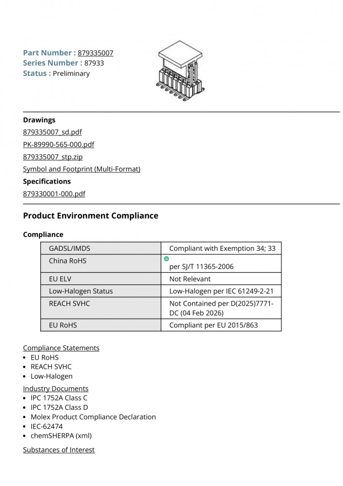 MOLEX 879335007 technical document preview, page 1