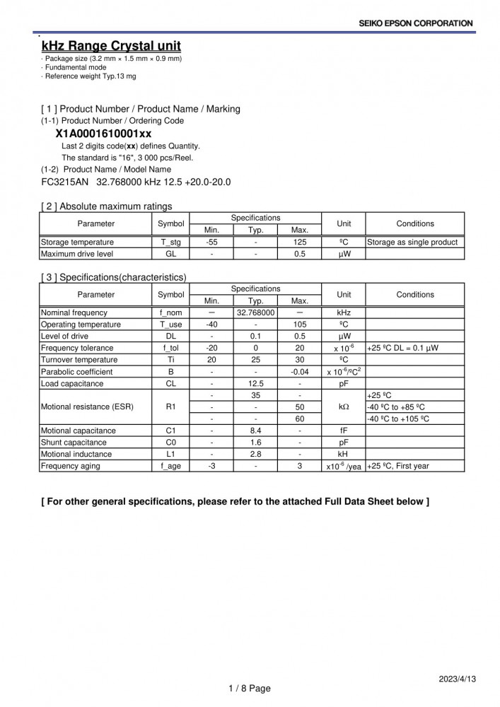 EPSON FC3215AN datasheet page 1