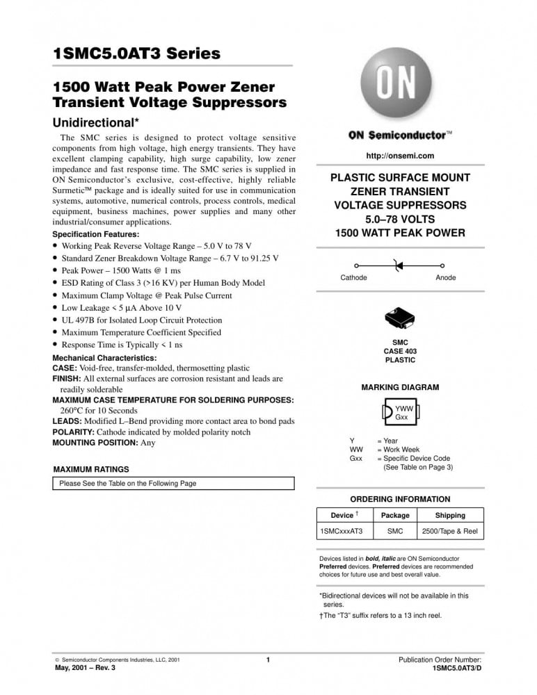 1SMC51AT3G datasheet page 1