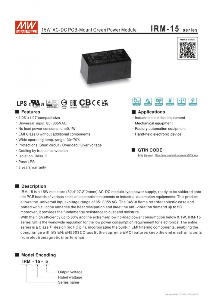 MEAN WELL IRM-15-5 datasheet page 1