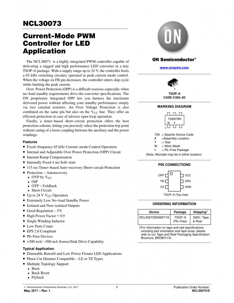 NCL30073 datasheet page 1