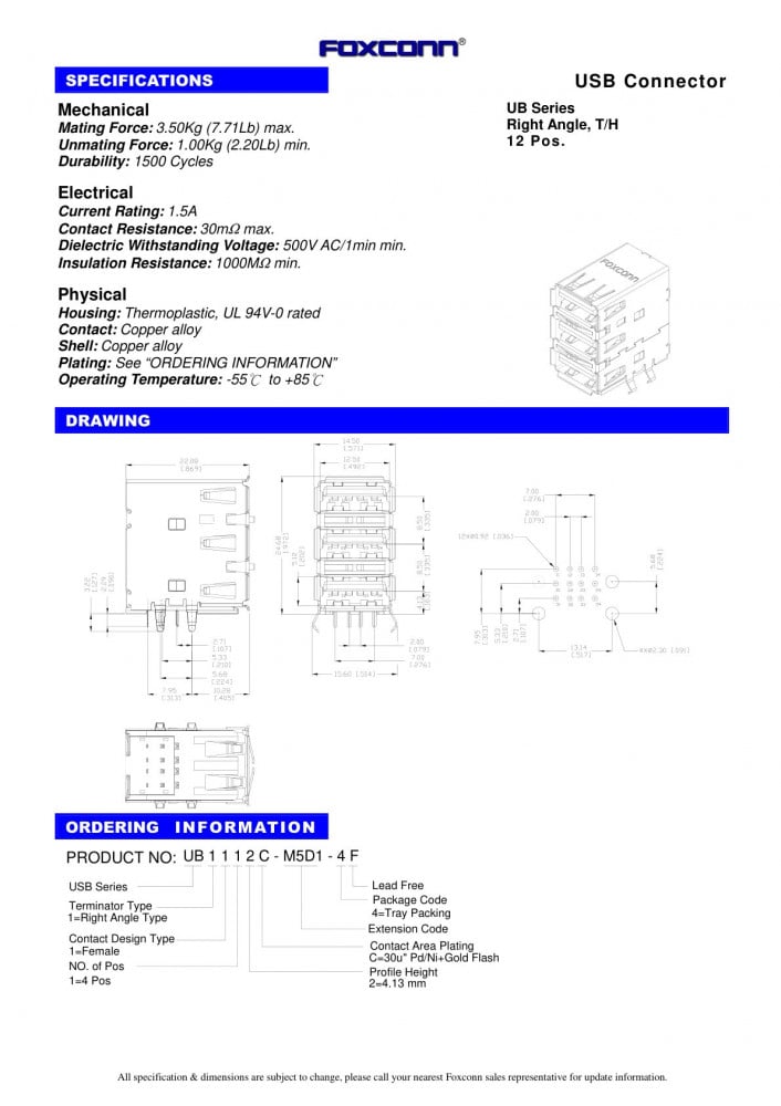 FOXCONN UB1112C-M5D1-4F technical drawing and ordering information