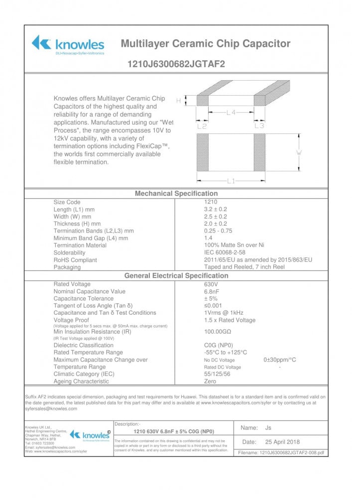 Knowles 1210J6300682JGTAF2 technical document preview