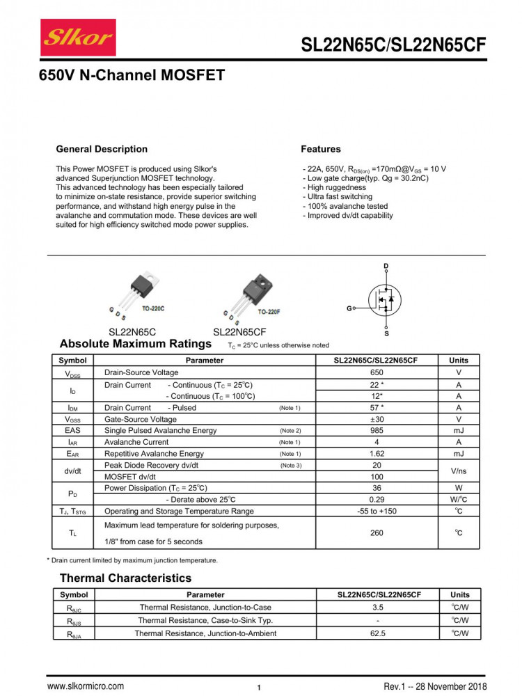 SL22N65CF datasheet page 1
