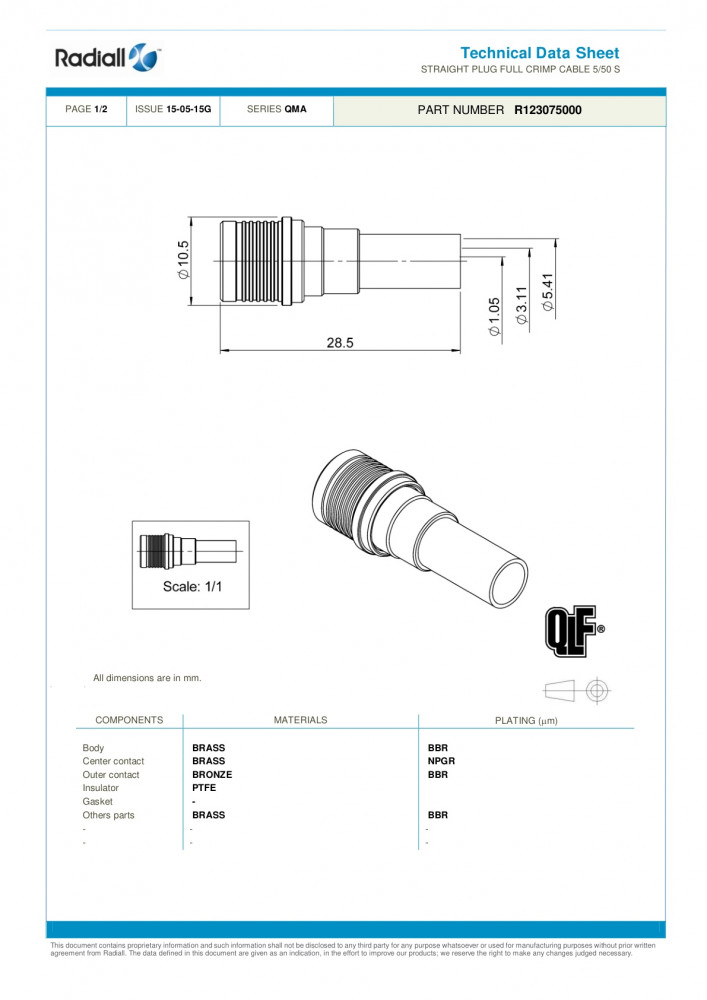 Radiall R123075000 QMA specification sheet, page 1