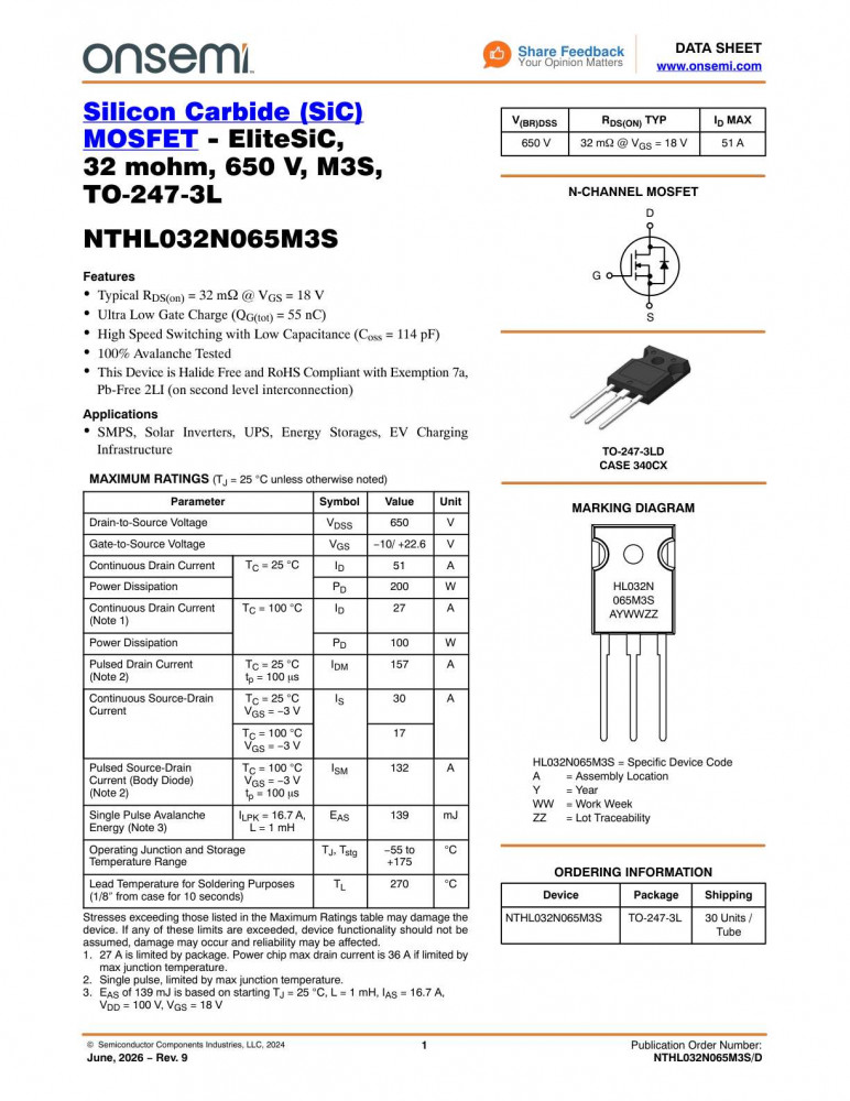 NTHL032N065M3S datasheet page 1