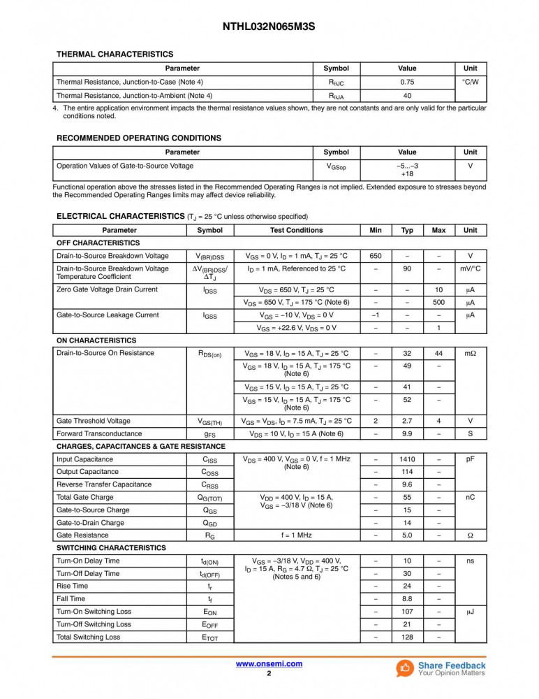 NTHL032N065M3S datasheet page 2