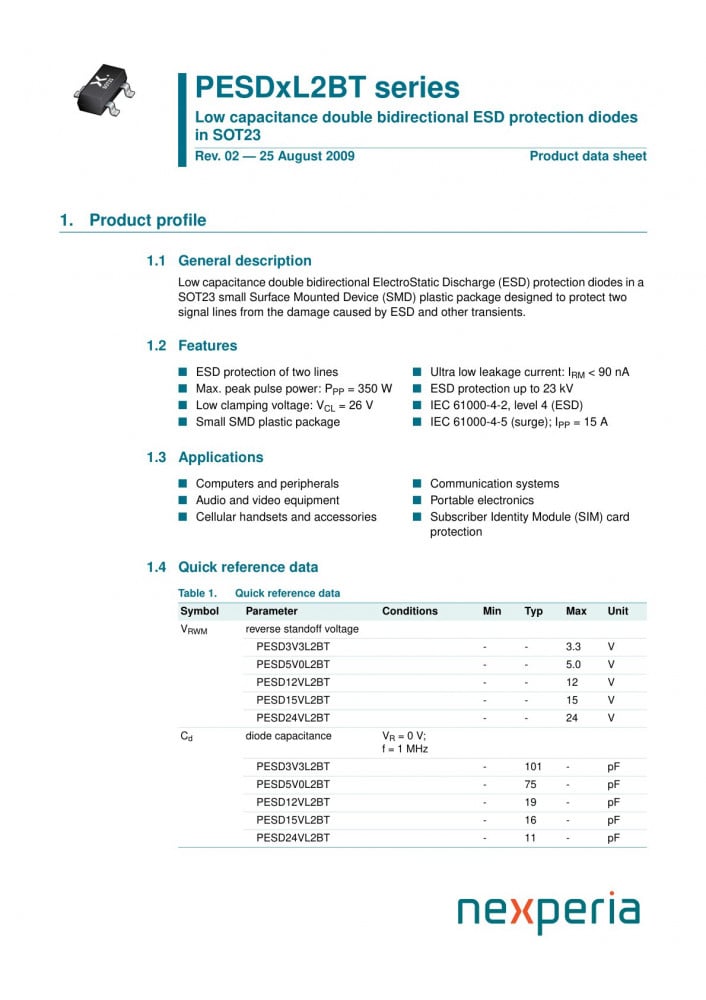 PESD5V0L2BT datasheet page 1