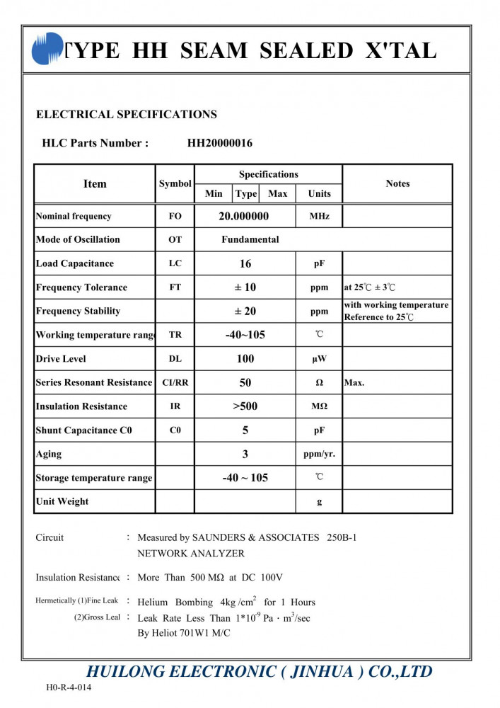 HH20000016 specification page 2
