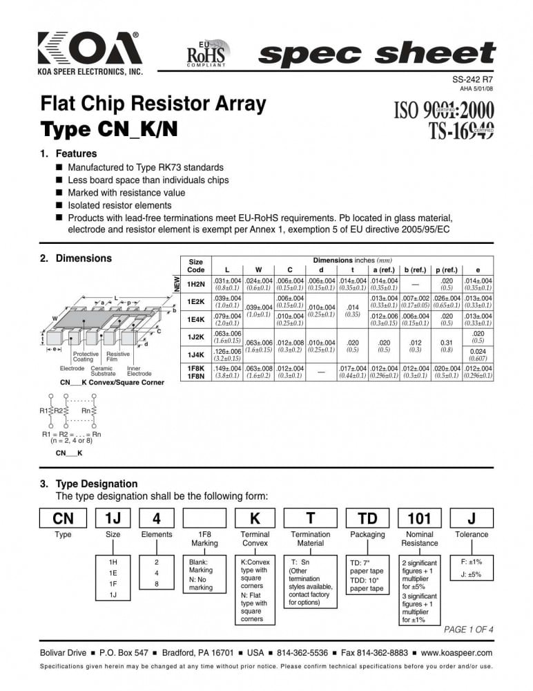 KOA CN_K resistor array datasheet page 1