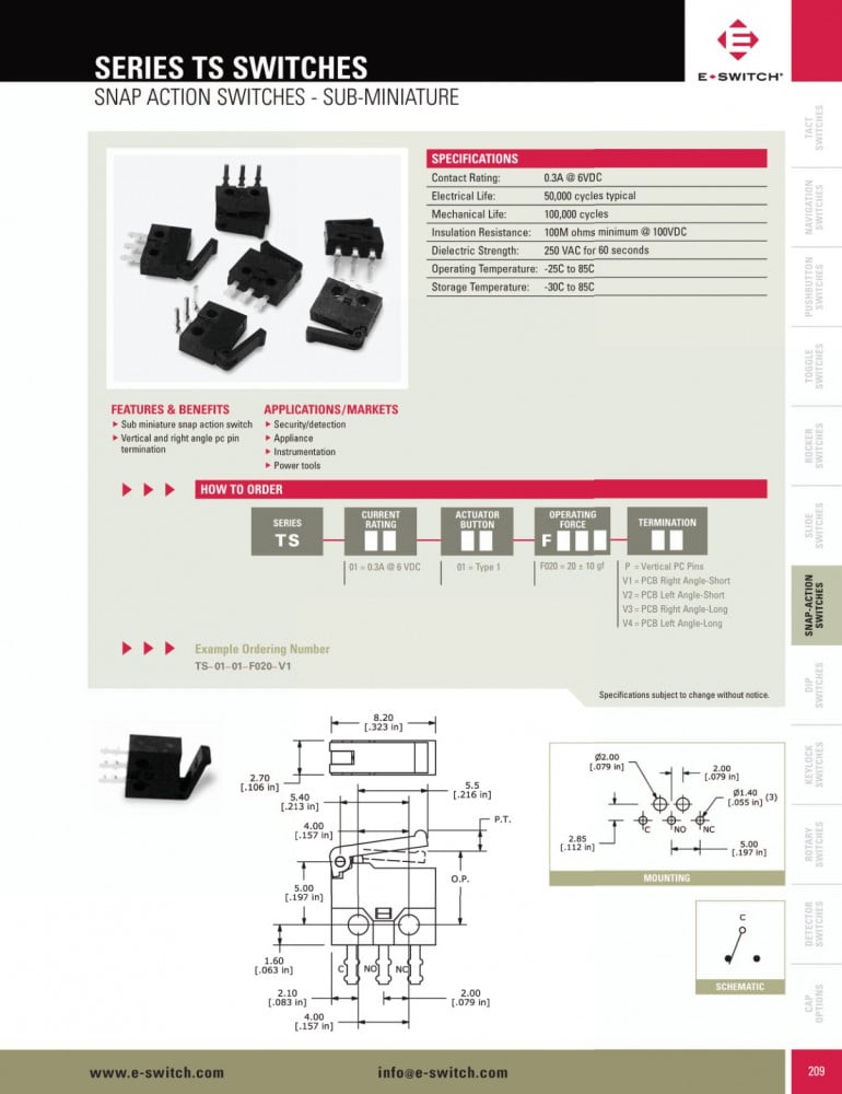 E-Switch TS0101F020V4 product document page 1
