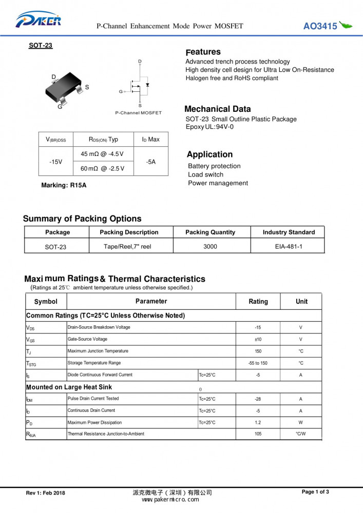 AO3415-K datasheet page 1