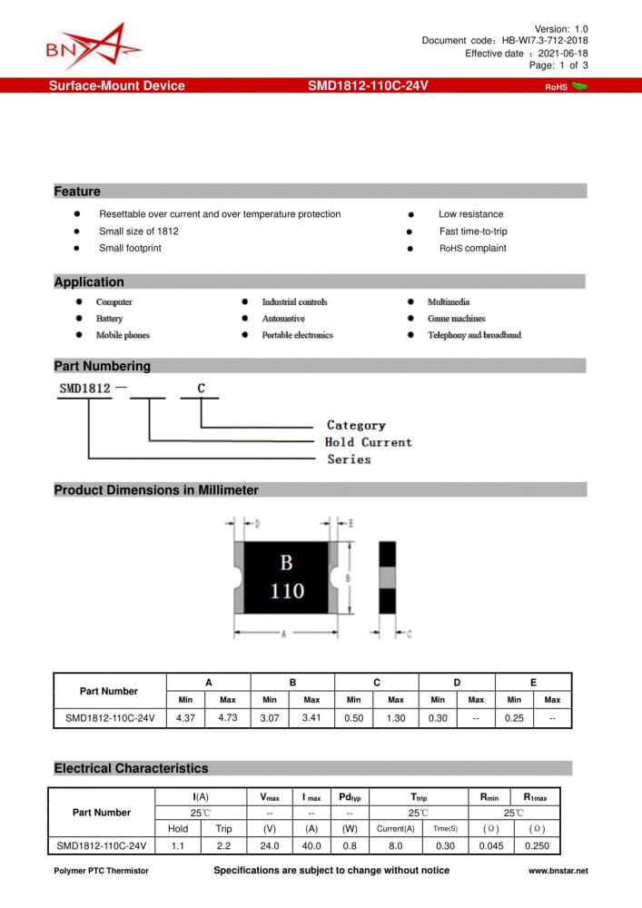 BNstar SMD1812-110C-24V datasheet page 1