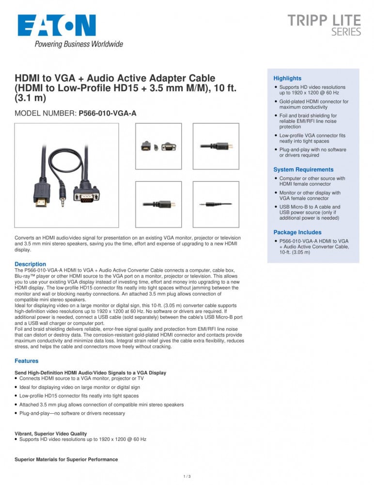 P566-010-VGA-A technical document page 1