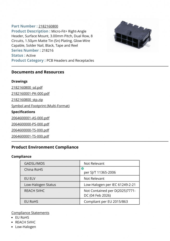 Technical document preview, page 1 for MOLEX 2182160800
