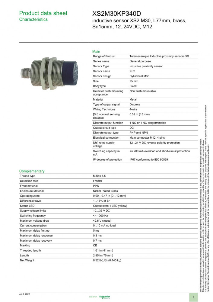 XS2M30KP340D technical document page 1