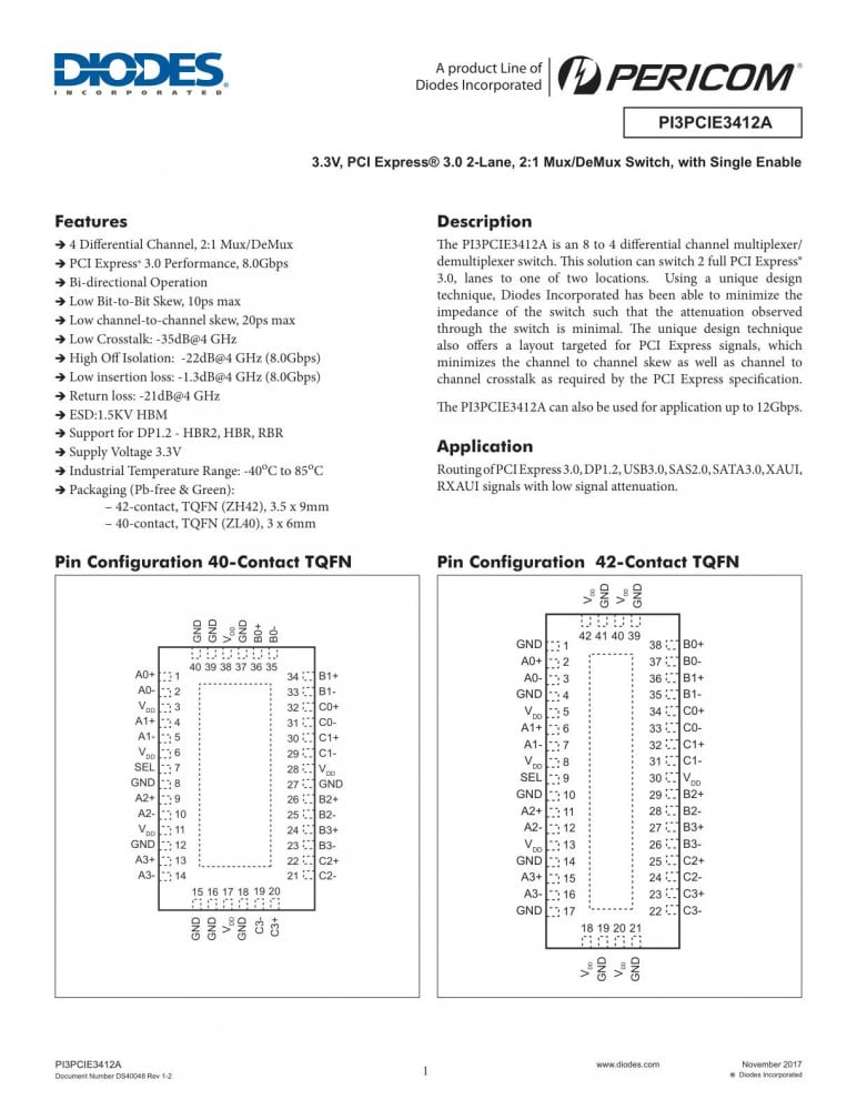 PI3PCIE3412AZLEX datasheet page 1