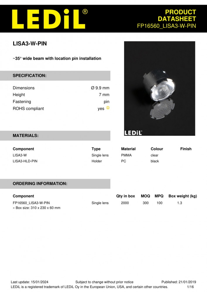 FP16560 LISA3-W-PIN technical document page 1