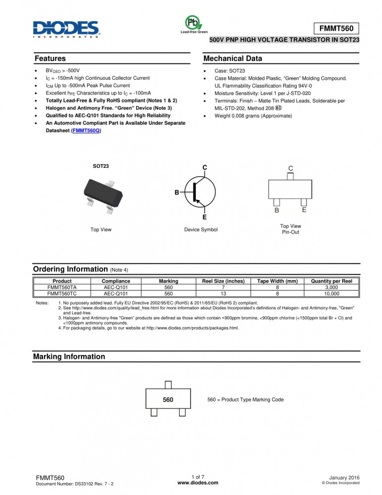 FMMT560TA datasheet page 1