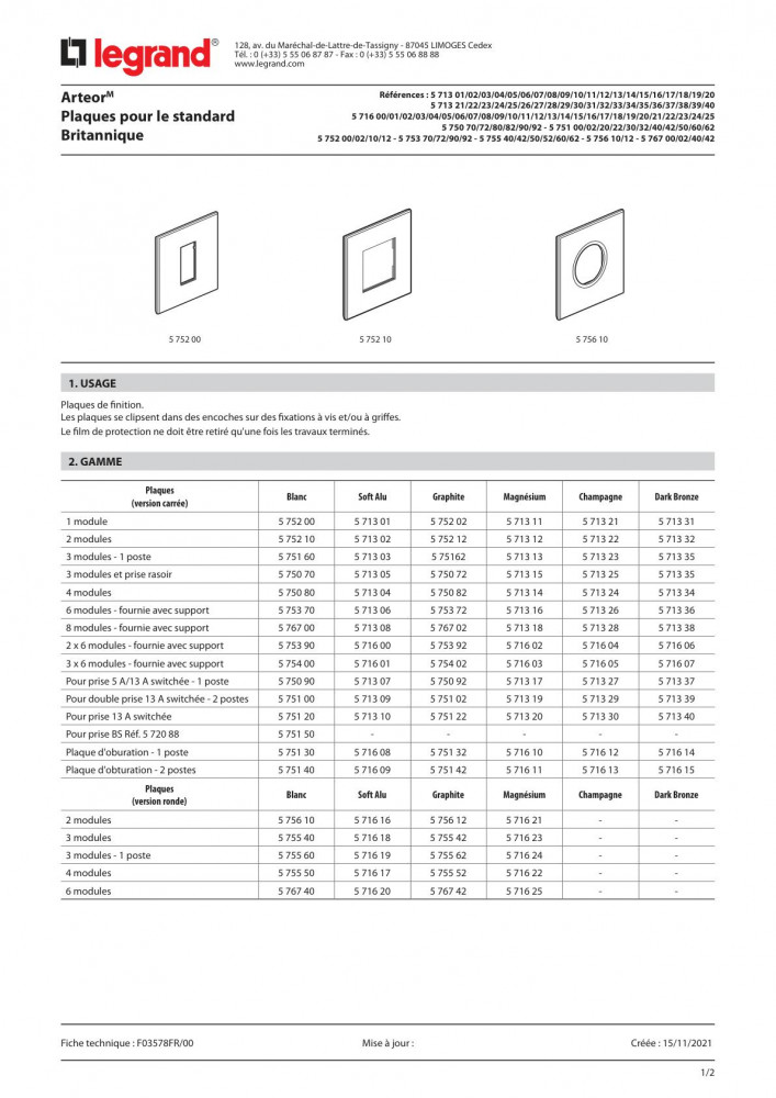 Legrand ArteorM British-standard plates technical document, page image 1