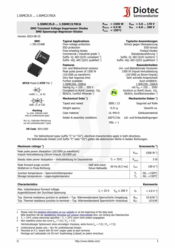DIOTEC 1.5SMCJ series datasheet page 1