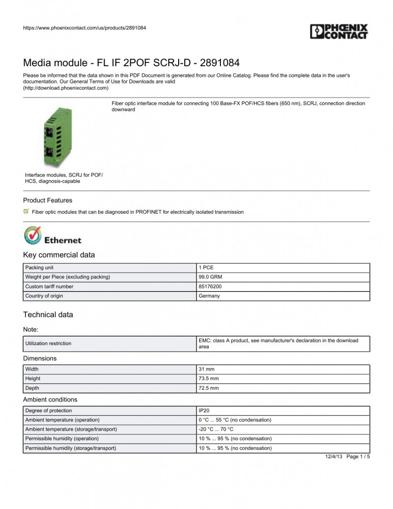 Phoenix Contact 2891084 document page 1