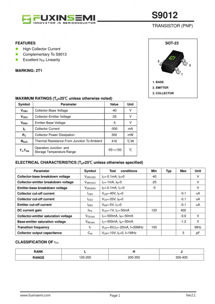 S9012 datasheet page 1