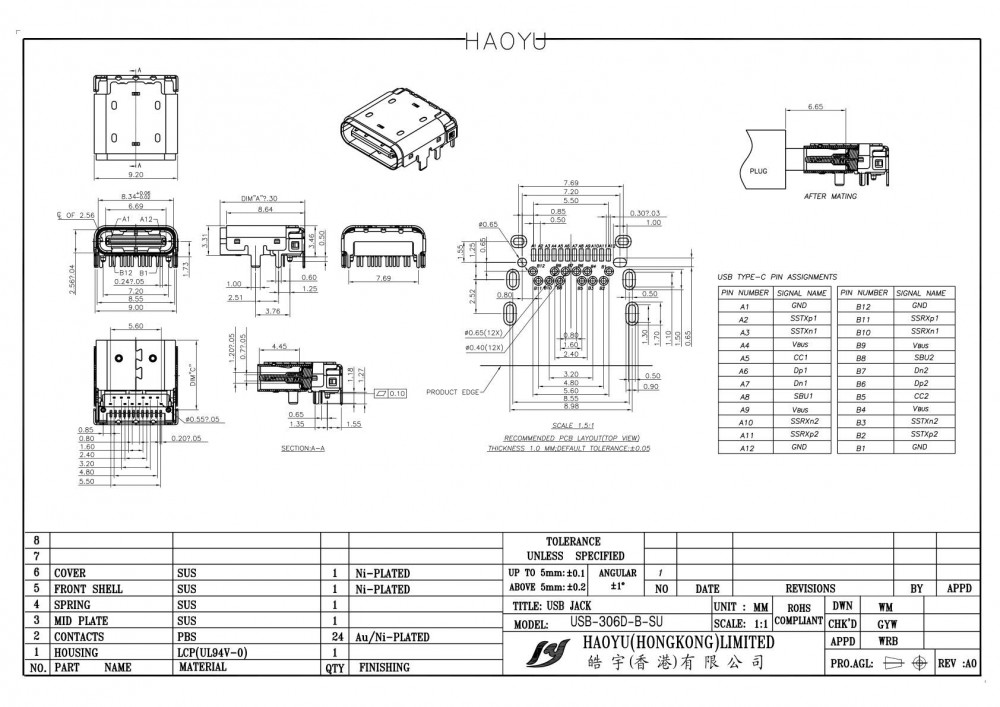 HOOYA USB-306D-B-SU official technical drawing