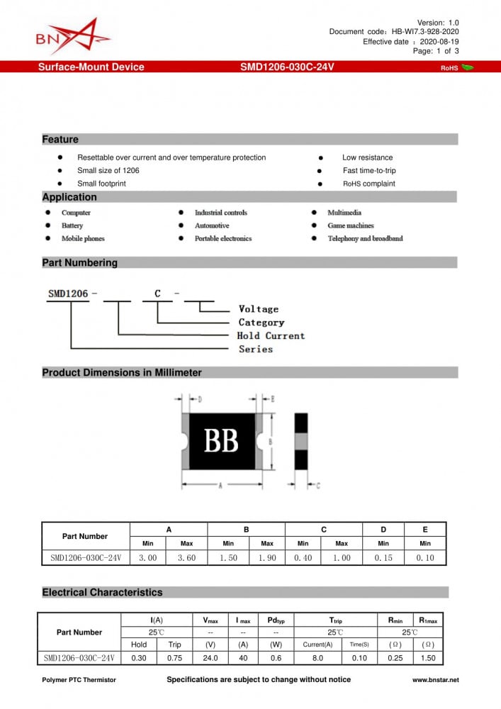 BNstar SMD1206-030C-24V datasheet page 1