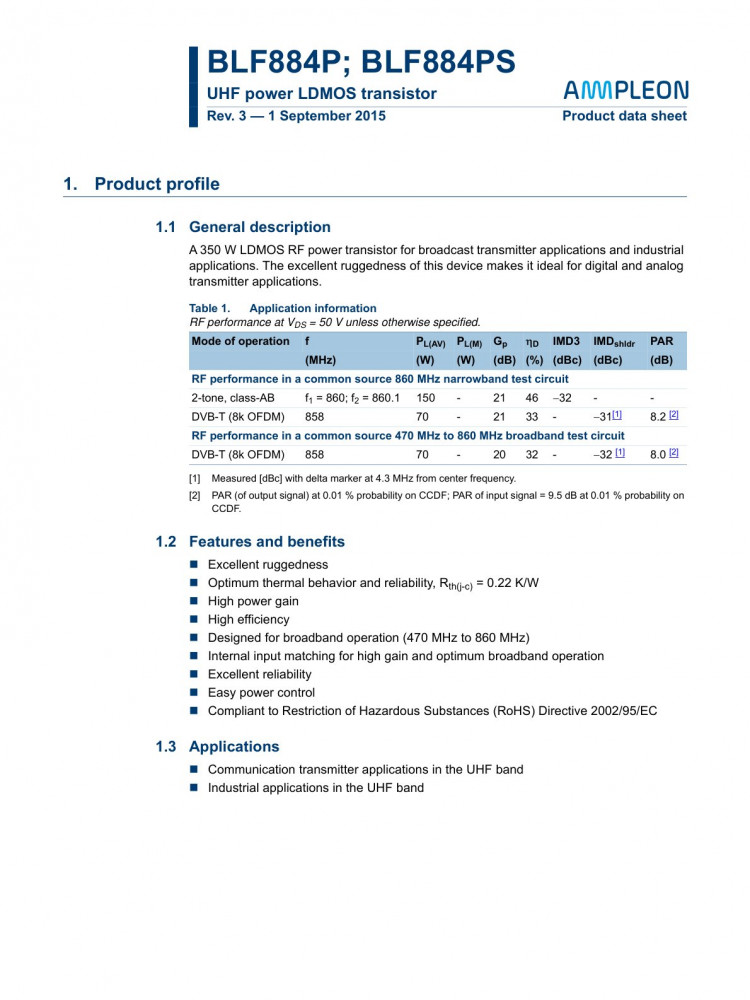 BLF884P datasheet page 1