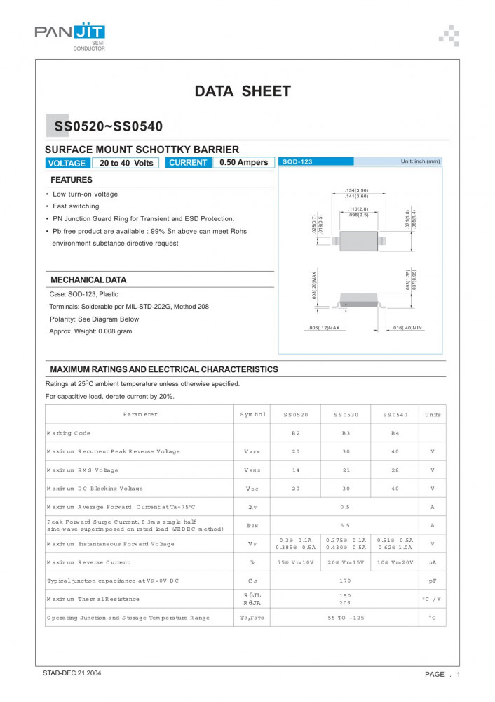 PANJIT SS0520 to SS0540 datasheet page 1