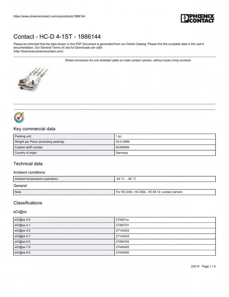 Phoenix Contact 1886144 technical document page 1
