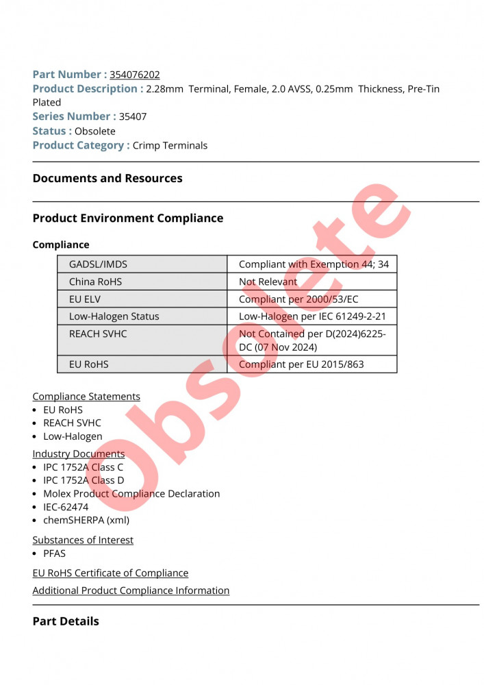 Product document page 1 for MOLEX 354076202