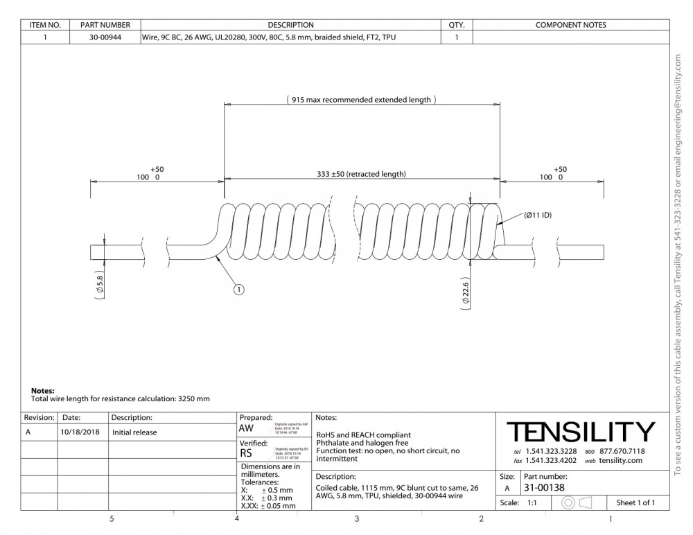 Tensility International cable assembly drawing