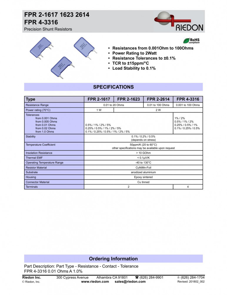 Riedon FPR series technical document, page 1