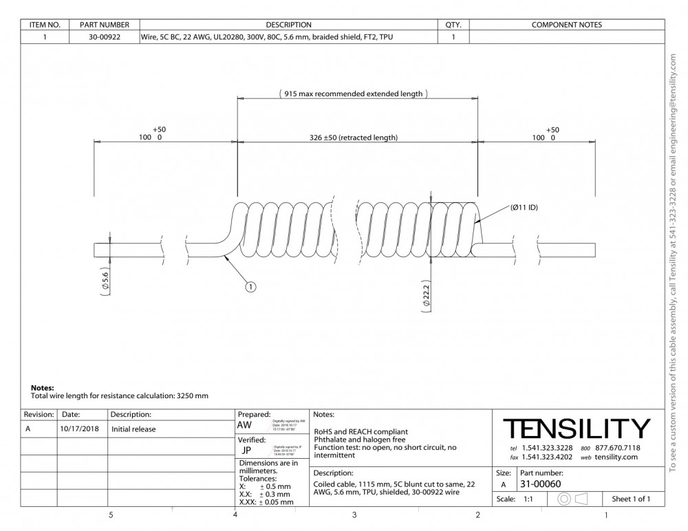 Tensility cable assembly drawing for model 31-00060