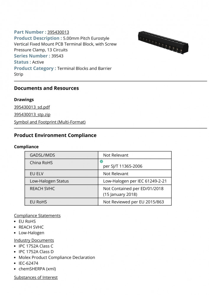 MOLEX 395430013 technical document page 1