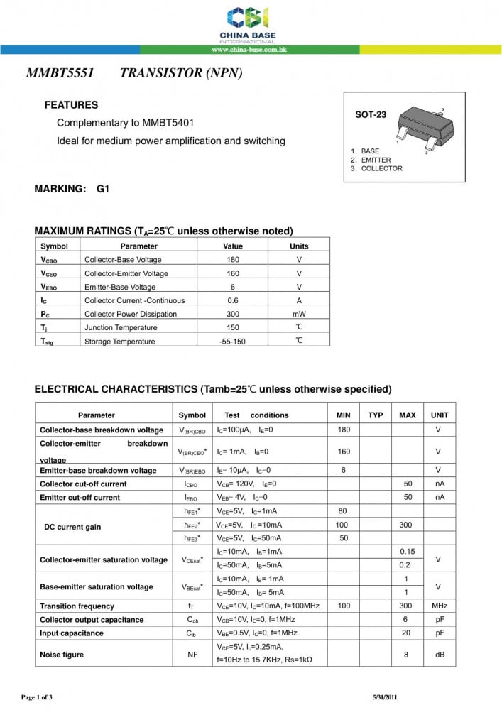MMBT5551 datasheet page 1
