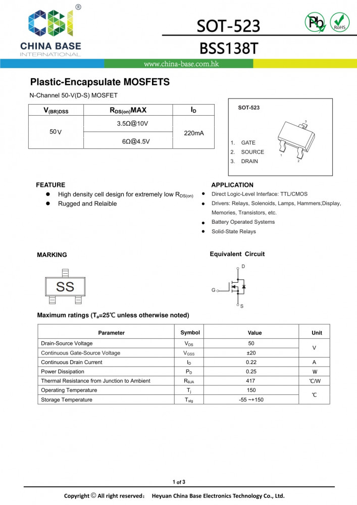 BSS138T datasheet page 1