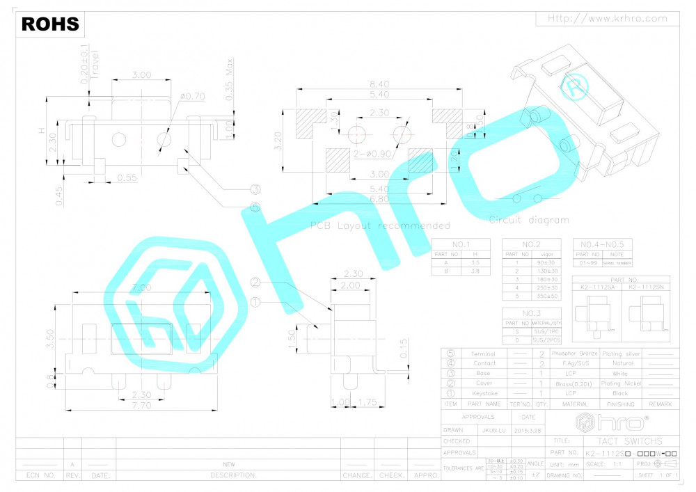 K2-1112SA-B4SW-01 HRO tactile switch drawing