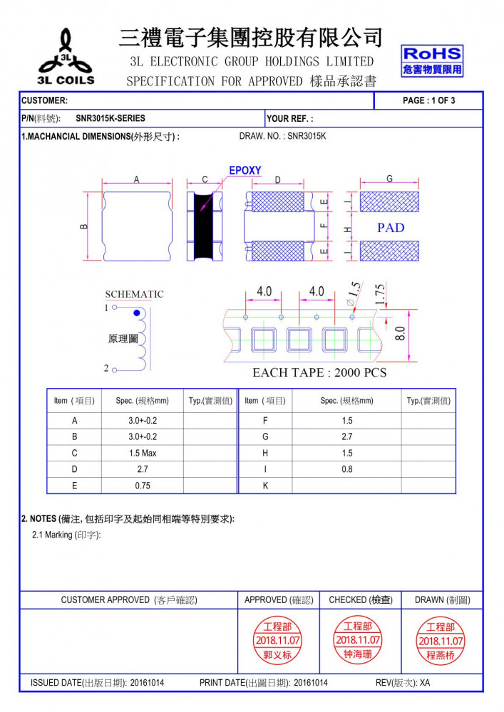 SNR3015K series mechanical dimensions