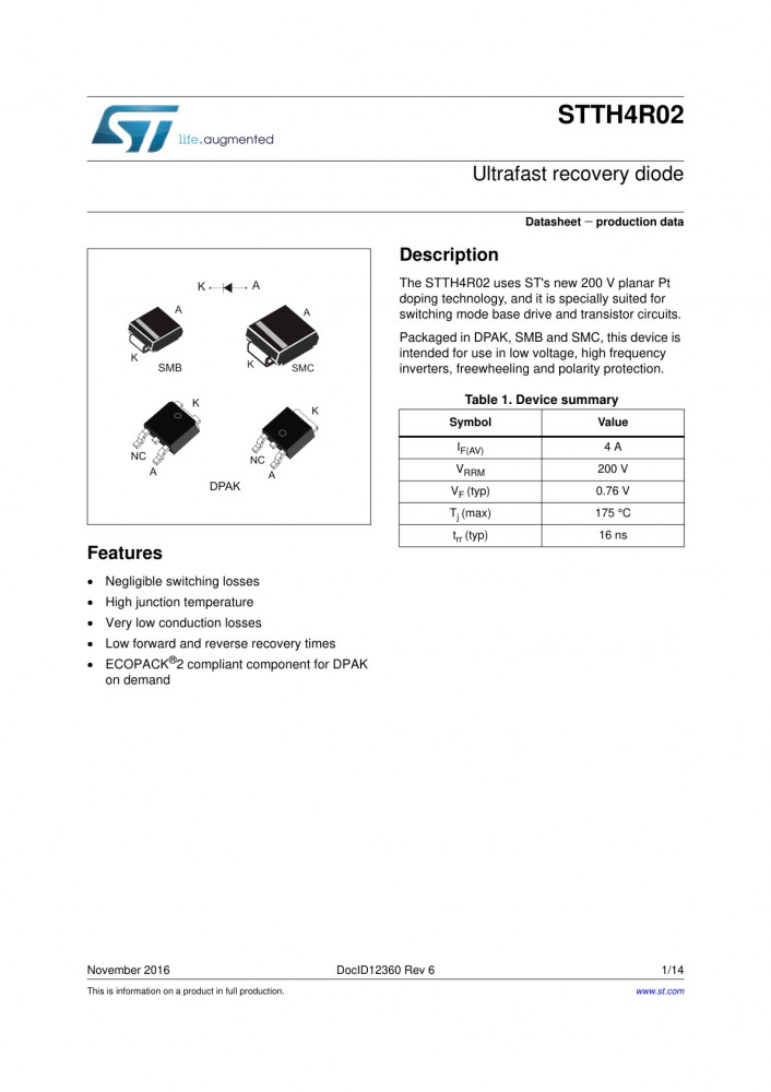 STTH4R02U datasheet page 1