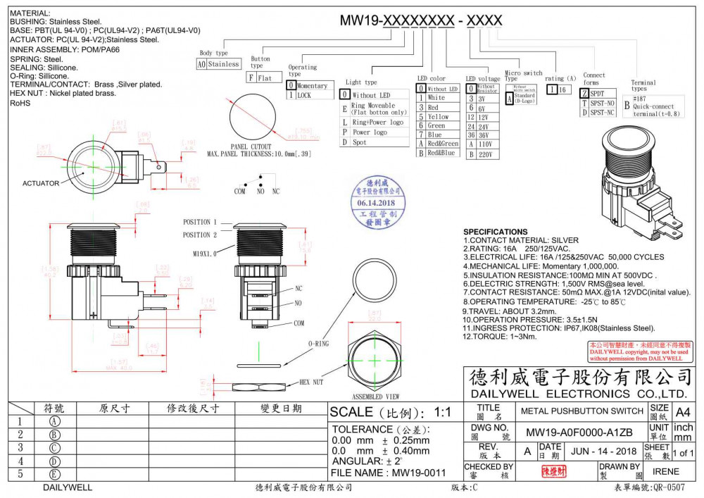 Dailywell MW19-A0F0000-A1ZB technical document page