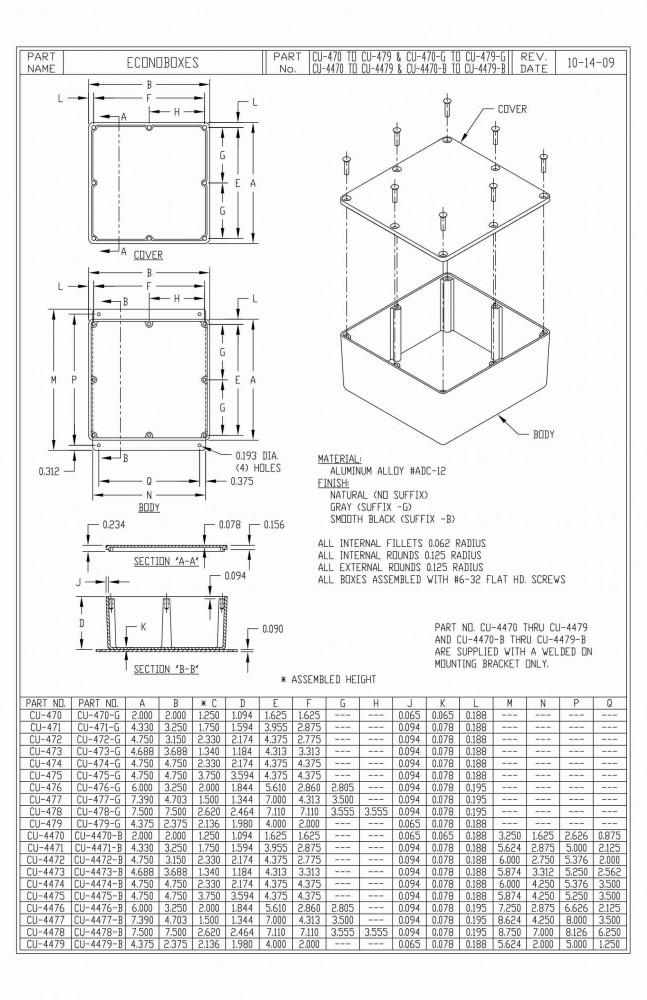 Technical drawing preview for the Bud Industries CU-470 to CU-479 enclosure family