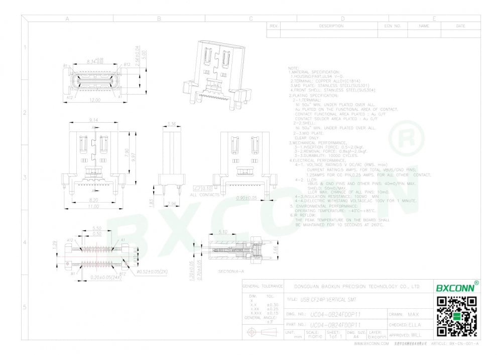 BXCONN UC04-0B24F00P11 product drawing and specifications